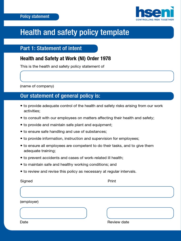Health and Safety Policy Template: Part 1: Statement of Intent | PDF ...