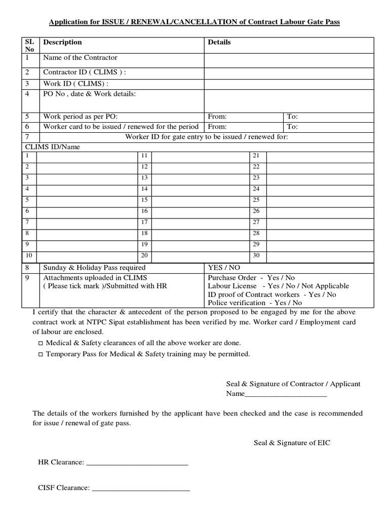 Application For ISSUE / RENEWAL/CANCELLATION of Contract Labour Gate ...