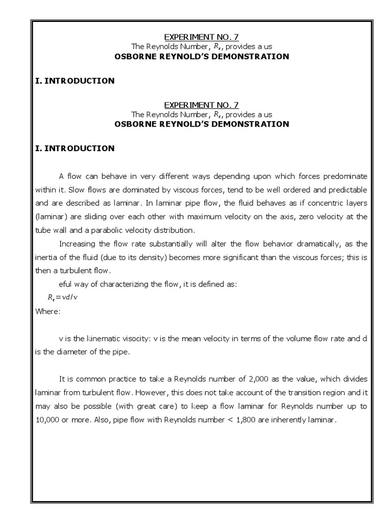 Osborne Reynold'S Demonstration: Experiment No. 7 | PDF | Reynolds ...