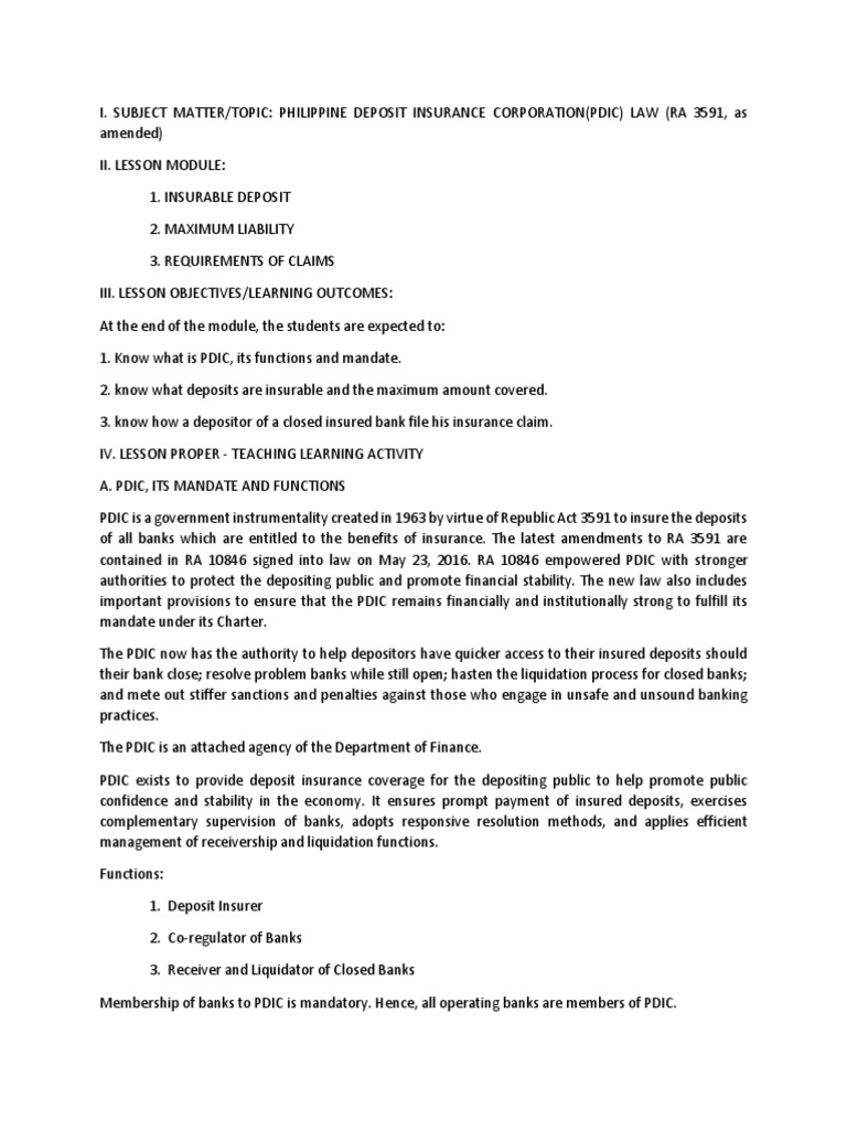 PDIC Law - Lecture Notes | PDF | Deposit Insurance | Deposit Account