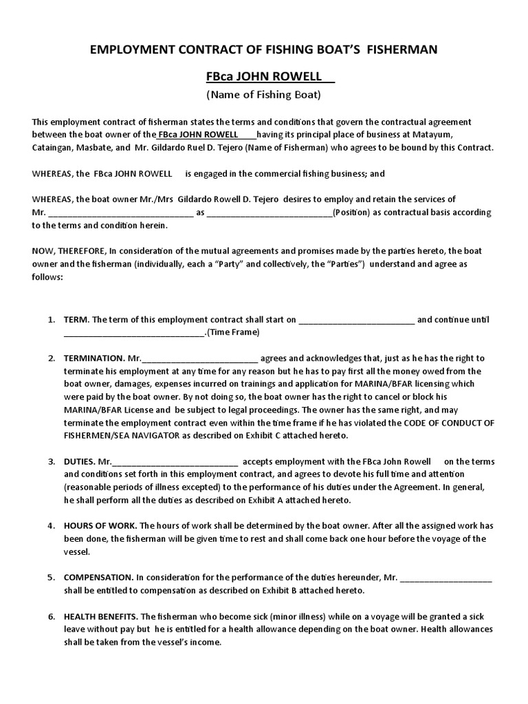 Employment Contract of Commercial Vessel's Fisherman | PDF | Sea ...