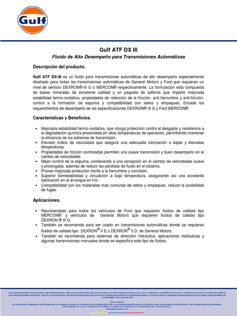 Gulf ATF DX III DX IIIG DX IIE DX IID | PDF | Transmisión automática ...