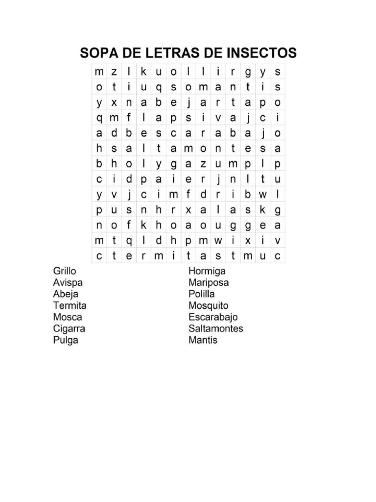Sopa de Letras de Insectos para Imprimir