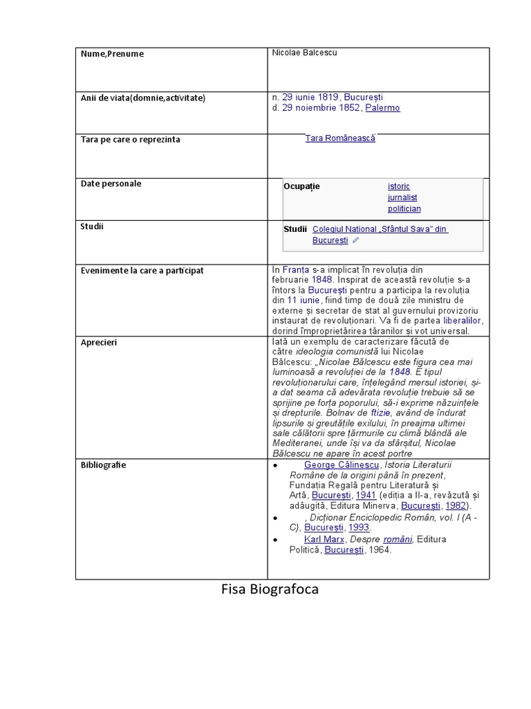 Fisa Biografica N.Balcescu | PDF