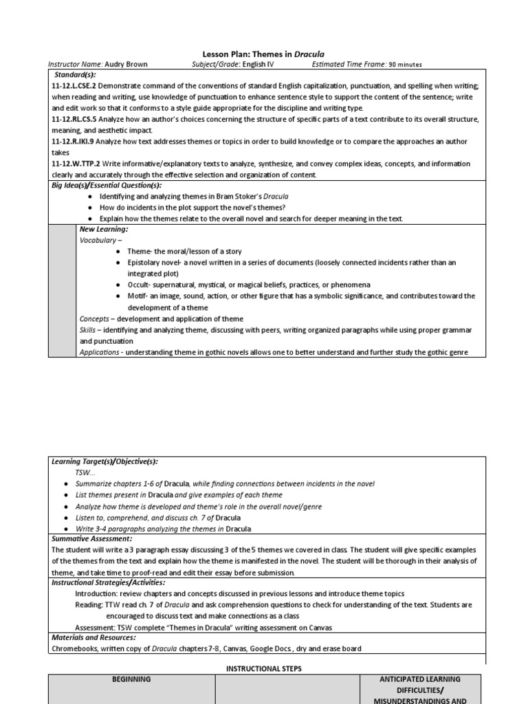 Lesson Plan: Themes in Dracula: Standard(s) | PDF | Reading ...