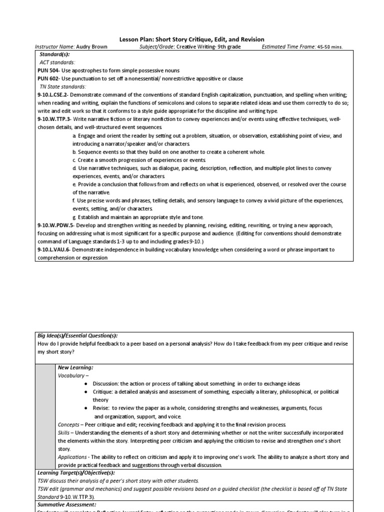 Lesson Plan: Short Story Critique, Edit, and Revision: Standard(s ...