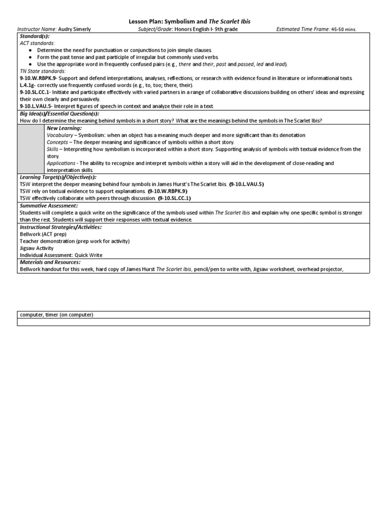 Analyzing Symbols in The Scarlet Ibis | PDF | Lesson Plan | Word