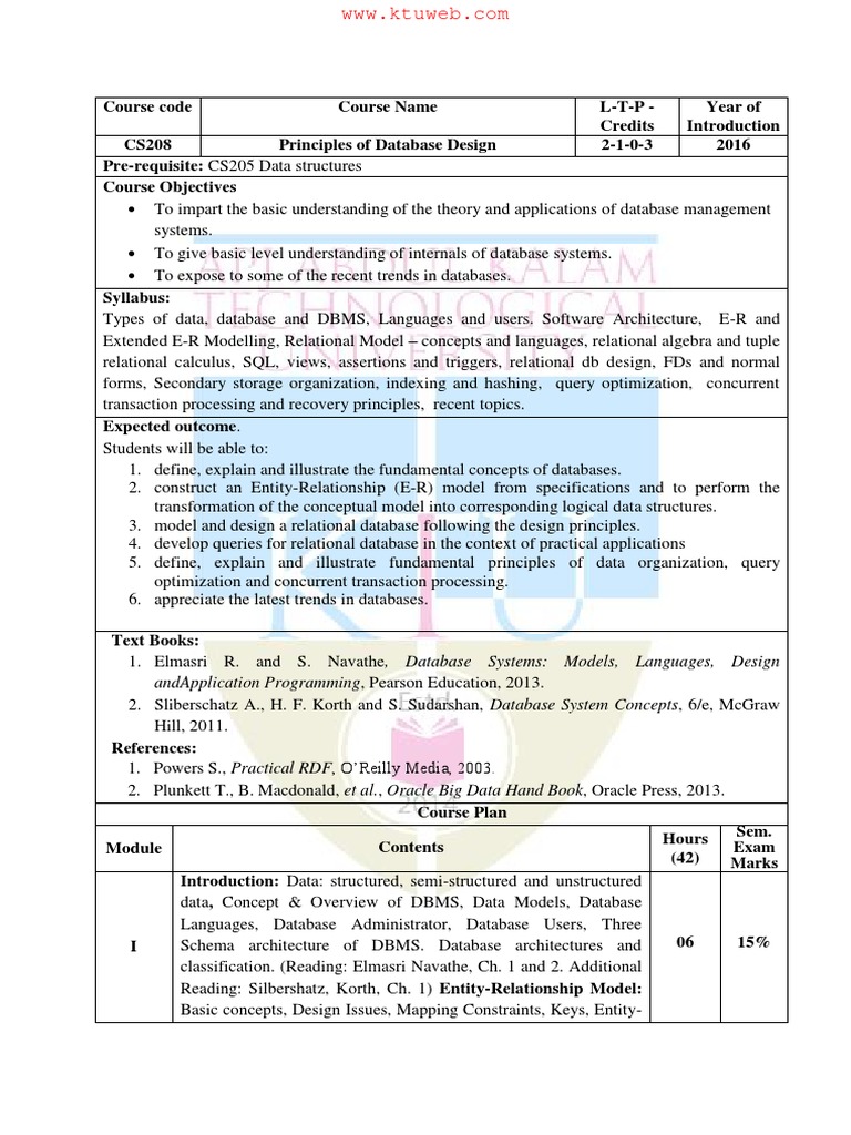 CS208 Principles of Data Base Design | PDF | Relational Model | Databases