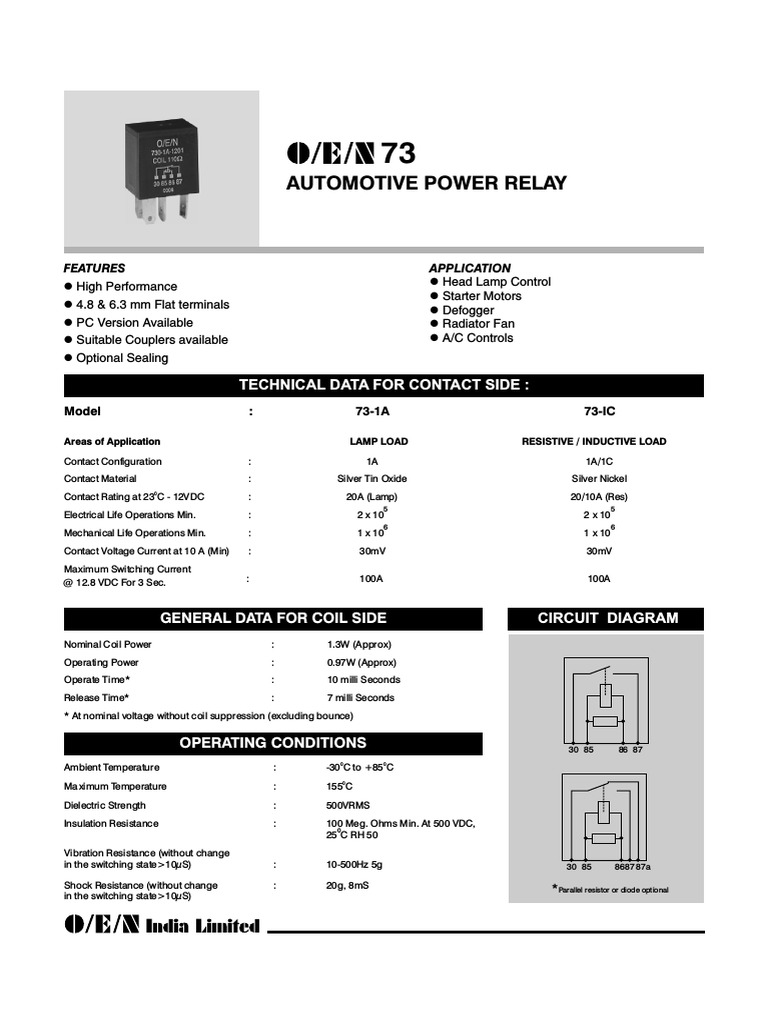 Automotive Power Relay: Technical Data For Contact Side | PDF ...