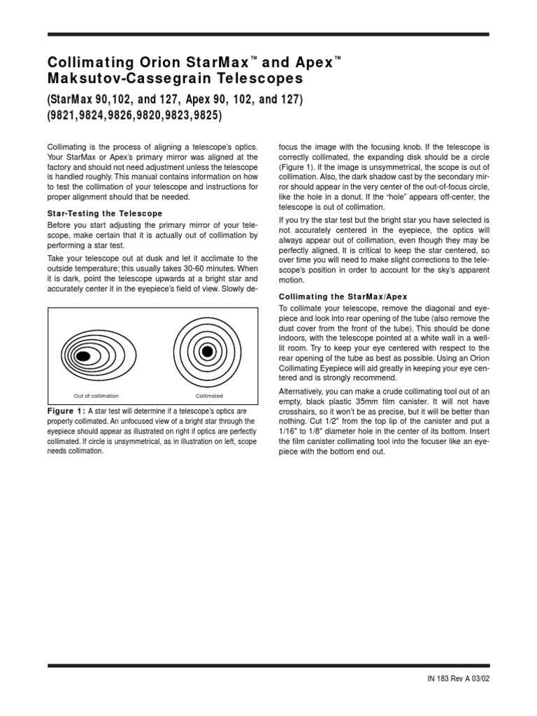 Collimating Orion Starmax and Apex Maksutov-Cassegrain Telescopes | PDF ...