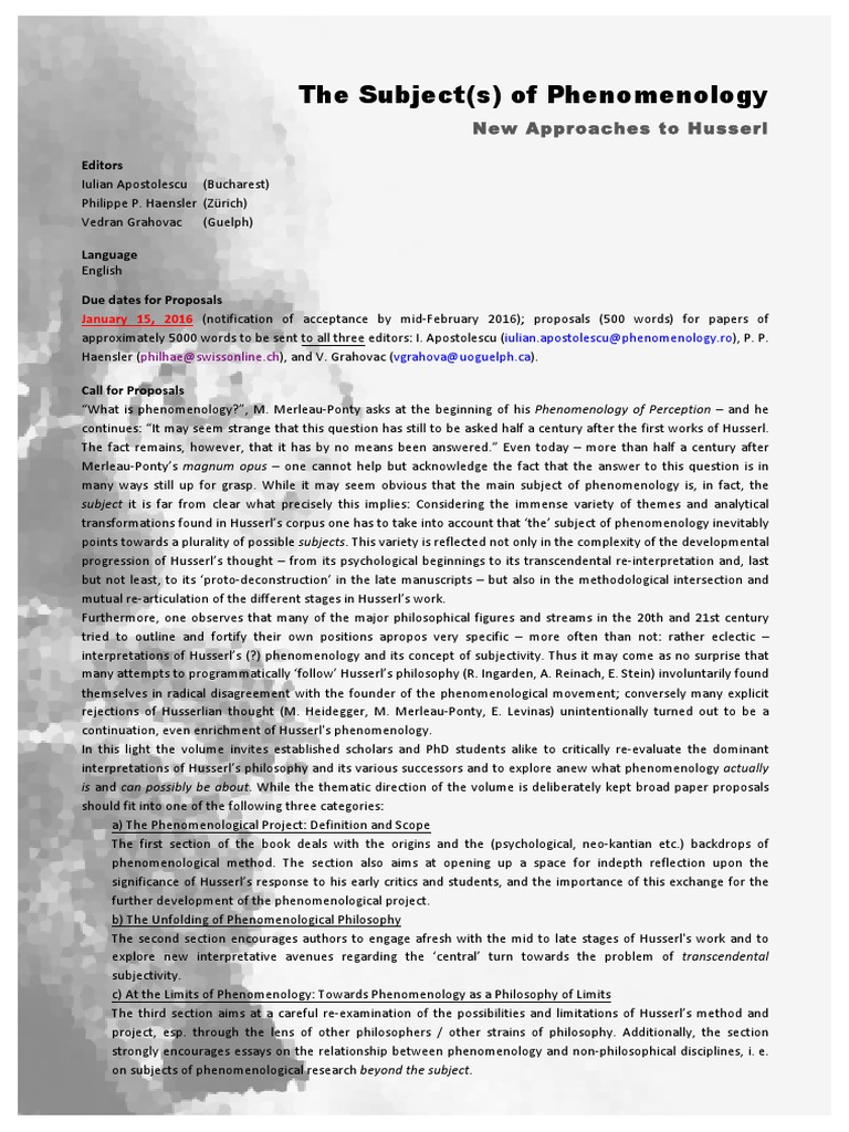 CFP The Subject S of Phenomenology. New PDF | PDF | Phenomenology (Philosophy) | Edmund Husserl