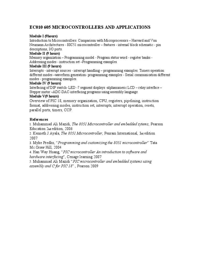 Ec010605 Microcontroller and Applications Syllabus | PDF