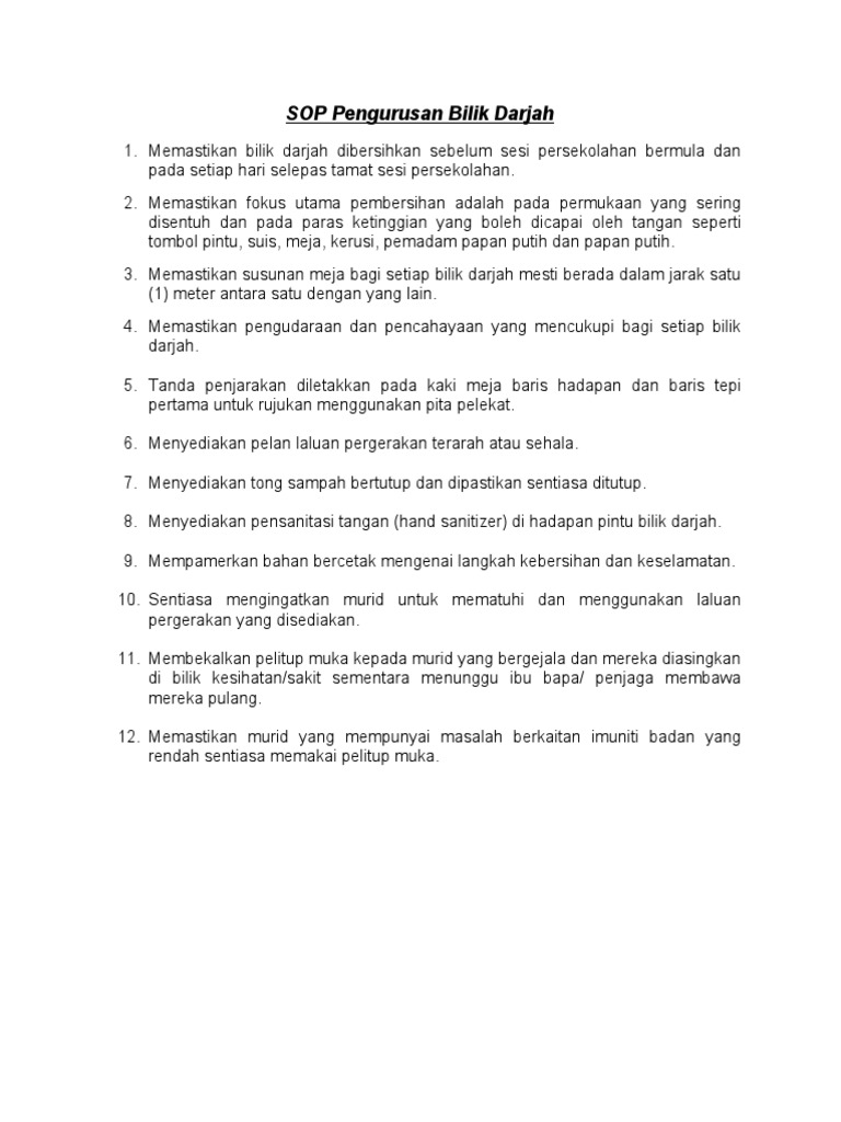 SOP Pengurusan Bilik Darjah | PDF