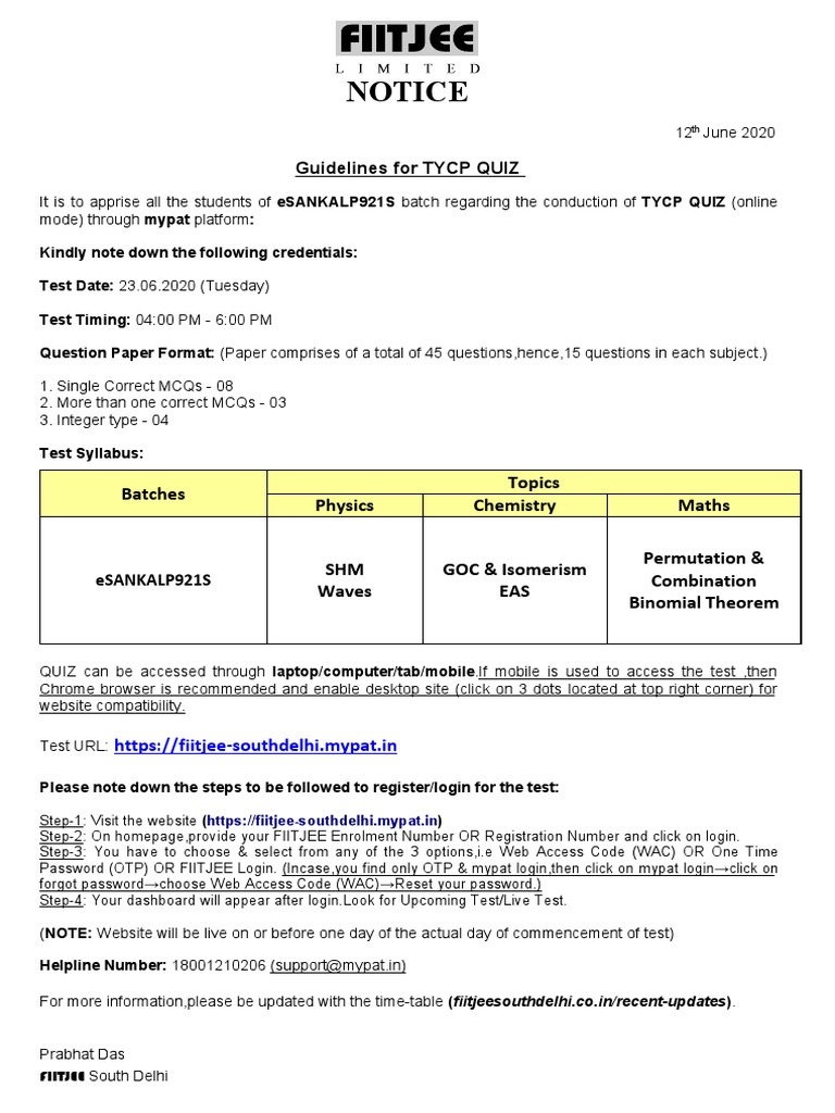 TYCP QUIZ Notice - STUDENT 921 S | PDF