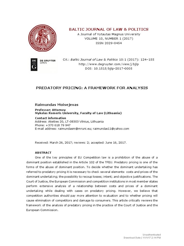 Predatory Pricing A Framework For Analysis | PDF | Competition Law ...