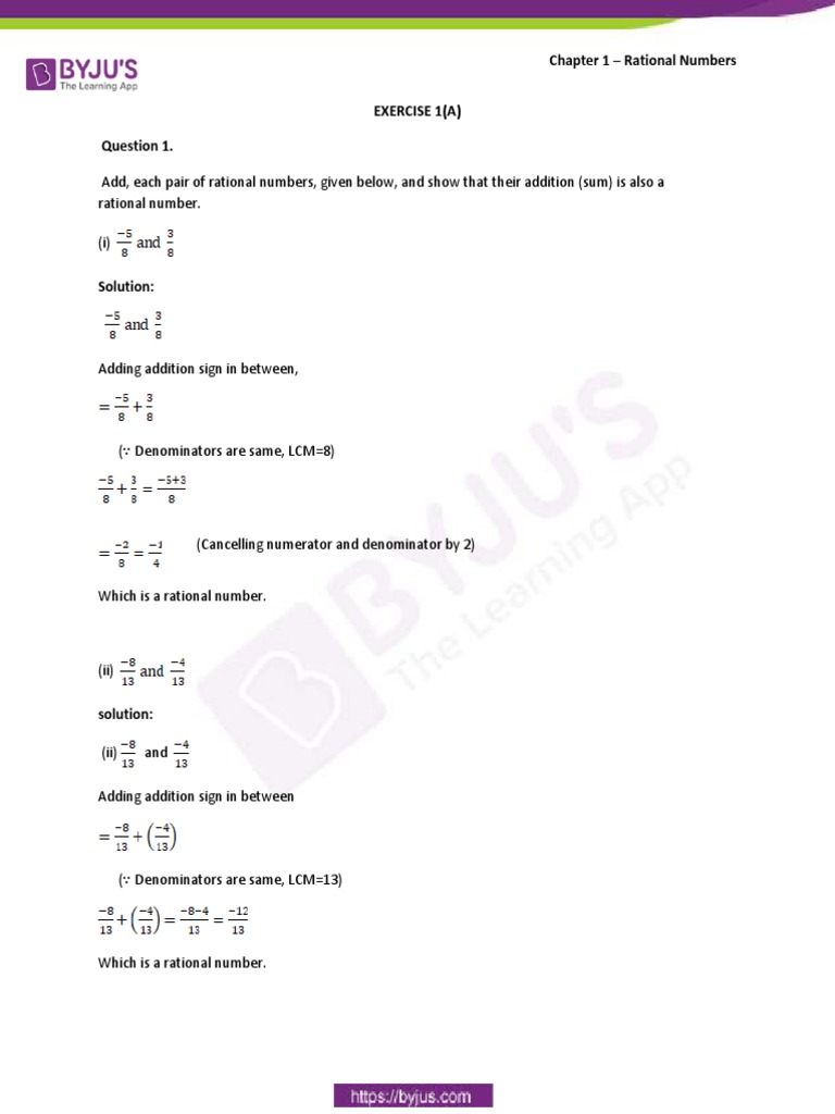 Chapter 1 - Rational Numbers Exercise 1 (A) | PDF | Fraction ...