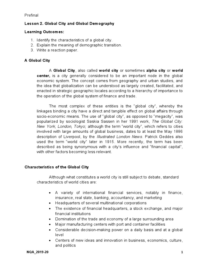 Lesson 2. Global City and Global Demography Learning Outcomes | PDF ...