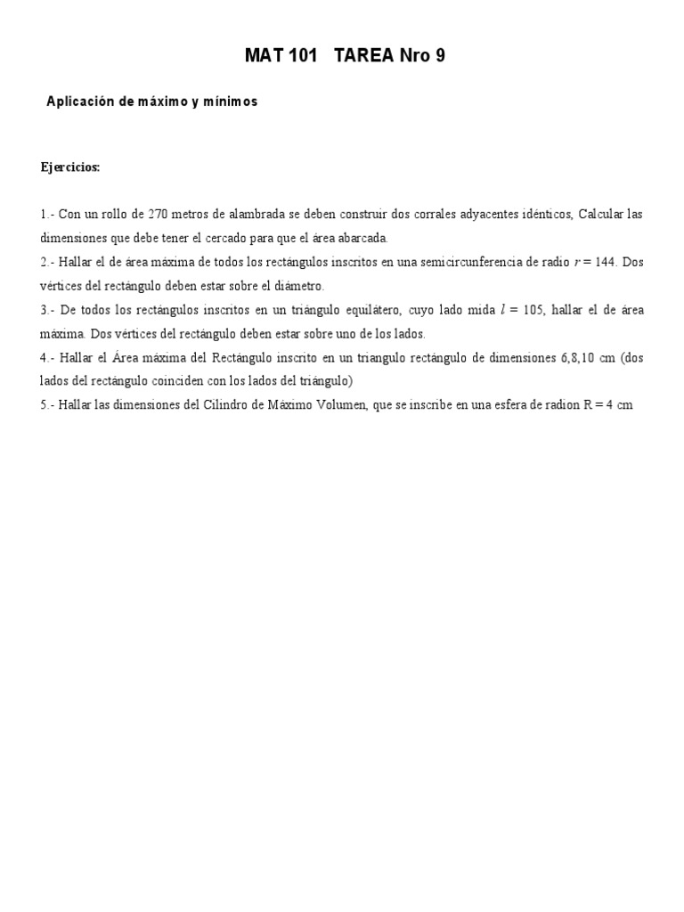 Tarea 9 Problemas de Maximos y Minimos | PDF