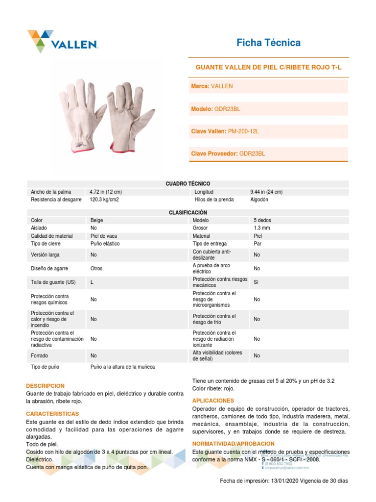 Guante Vallen De Piel Talla L Pdf Guante Química