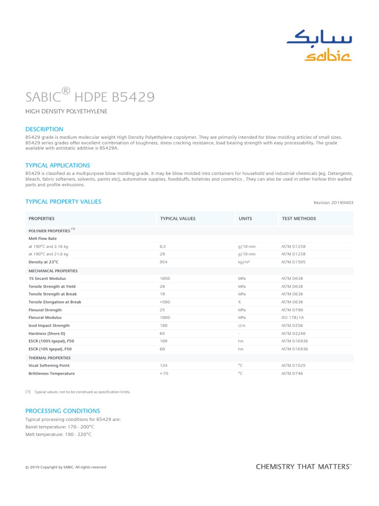 Sabic Hdpe B5429: High Density Polyethylene | PDF | Polyethylene ...