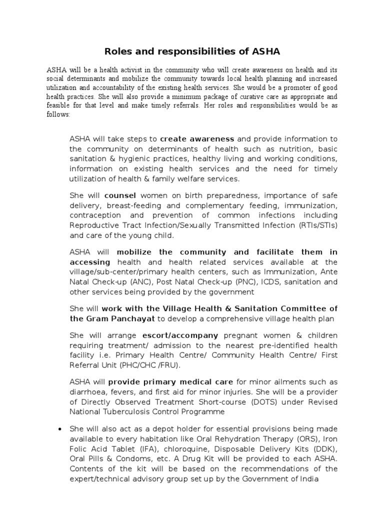 Roles and Responsibilities of ASHA | PDF | Medical Humanities | Health Care