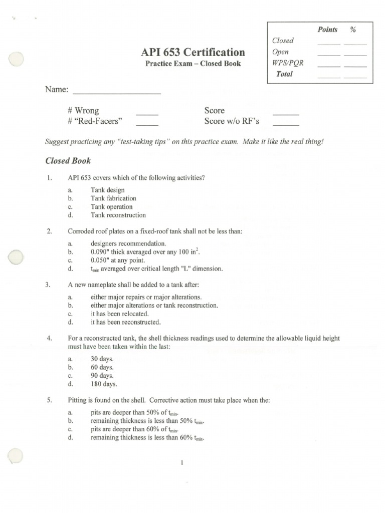 API 653 Certification Practice Exam Close and Open Book | PDF