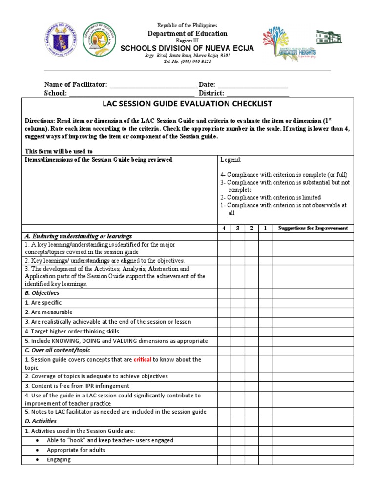 Lac Session Guide Evaluation Checklist: Department of Education Schools ...