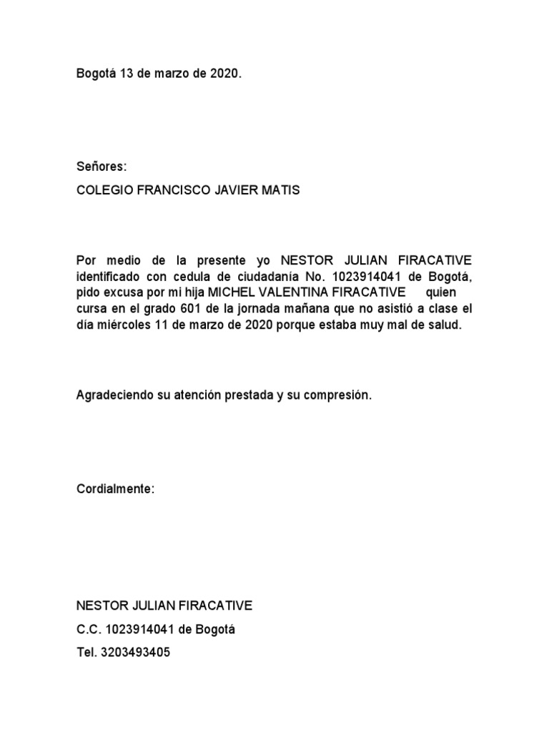 Carta de excusa escolar para ausencia | PDF | Derecho