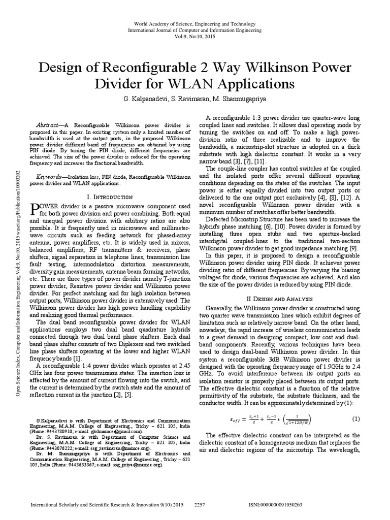Design of Reconfigurable 2 Way Wilkinson Power Divider For WLAN ...