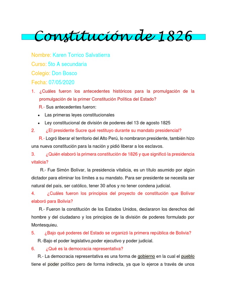 Primera Constitución de Bolivia 1826 | PDF | Separación de poderes ...