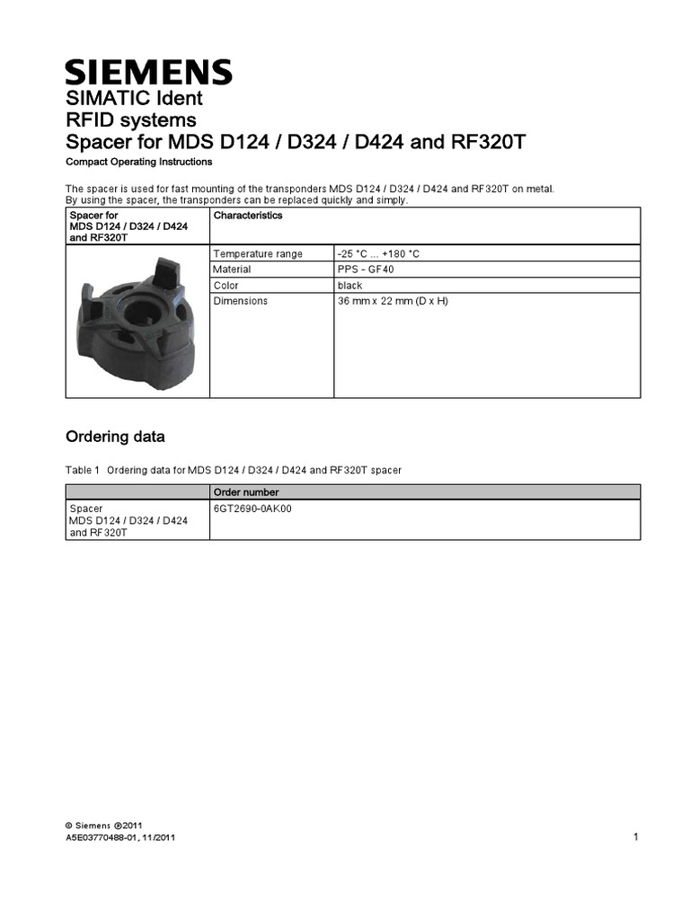 Simatic Ident RFID Systems Spacer For MDS D124 / D324 / D424 and RF320T ...