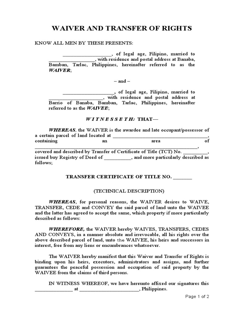 Waiver and Transfer of Rights Blank | PDF | Law And Economics ...