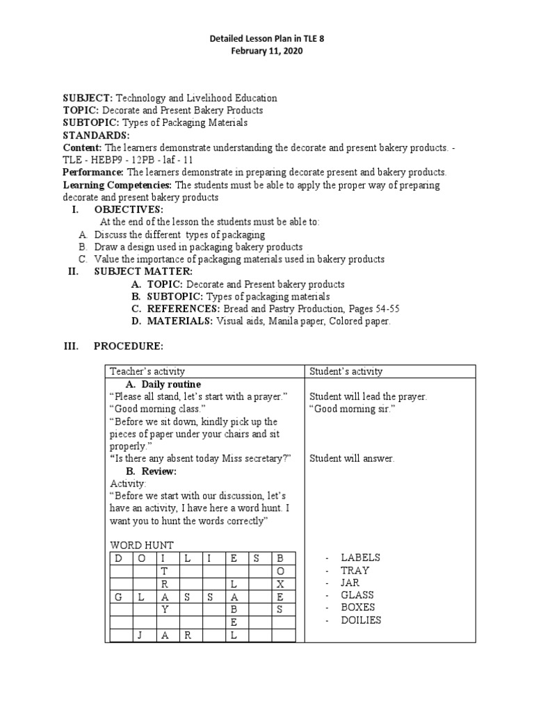 Detailed Lesson Plan in TLE 8 February 11, 2020 | PDF | Lesson Plan ...