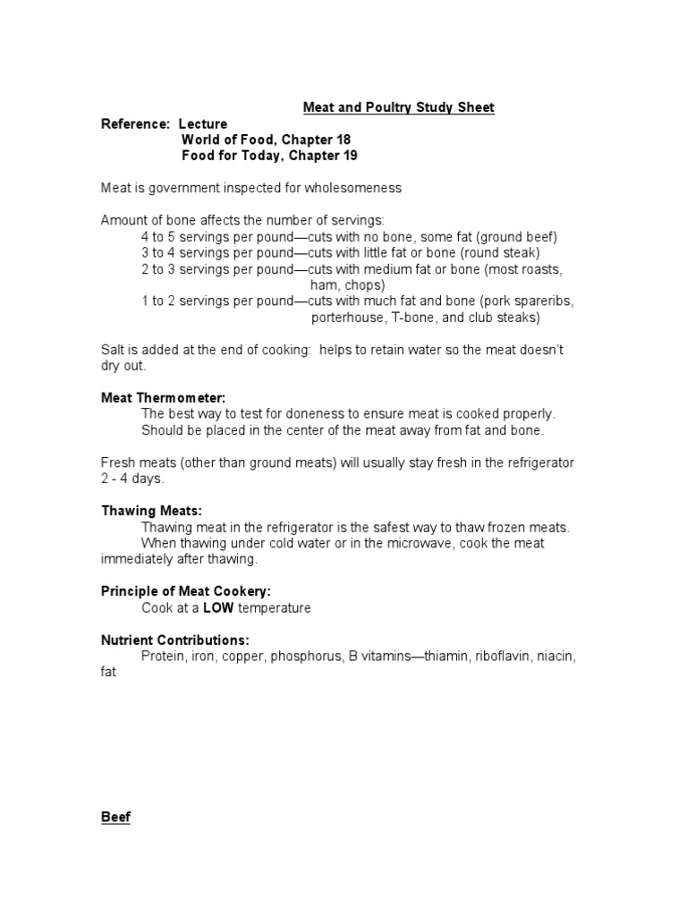 Meat and Poultry Study Sheet Reference: Lecture World of Food, Chapter ...