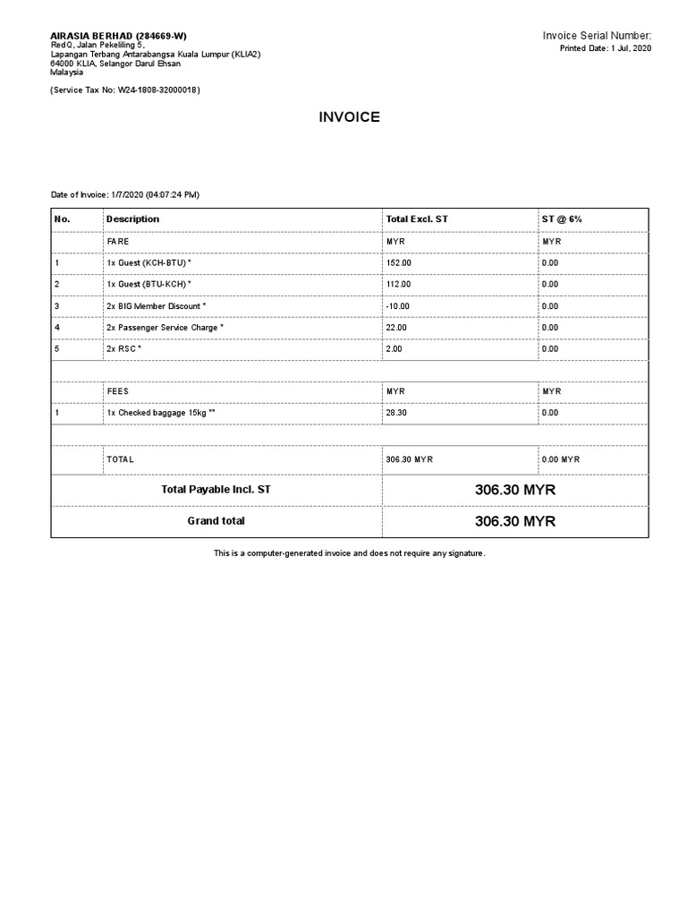 AirAsia Tax Invoice Sample | PDF
