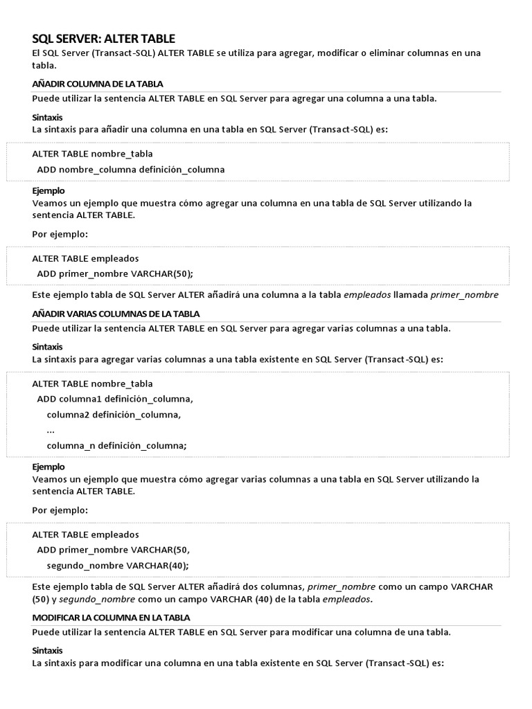 Uso de ALTER TABLE en SQL Server | PDF | SQL | Servidor SQL de Microsoft