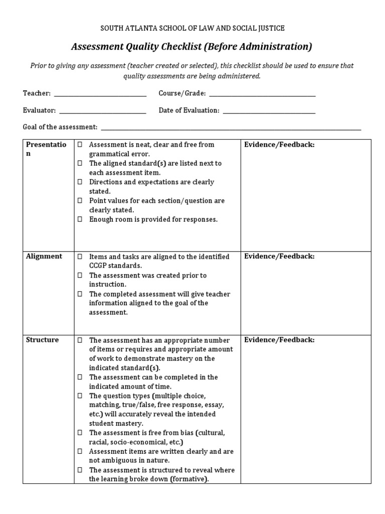 Assessment Quality Checklist (Before Administration) | PDF ...
