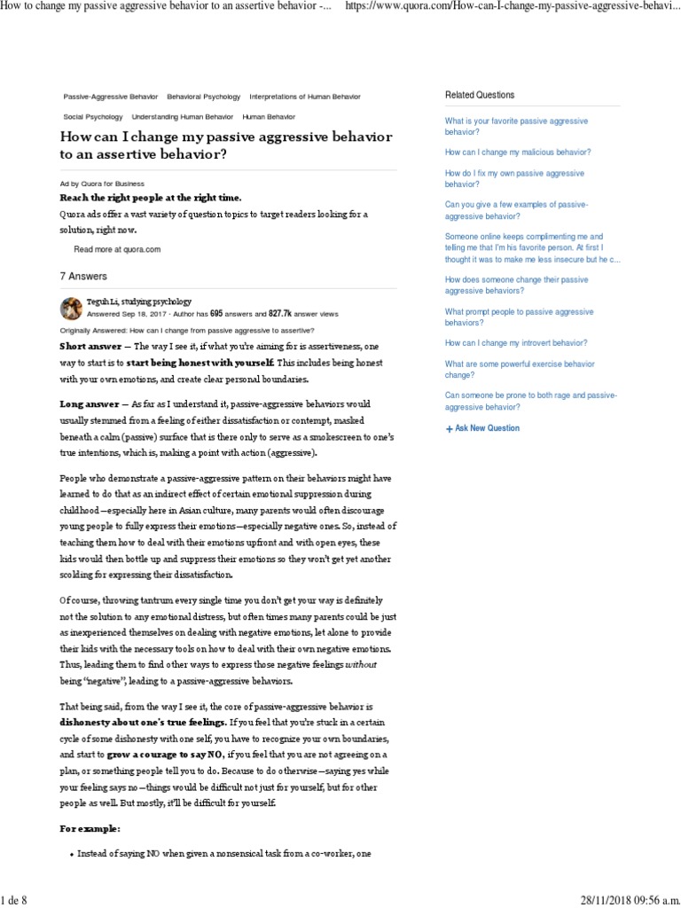 Change Passive Aggressive to Assertive Behavior | PDF | Anger | Aggression