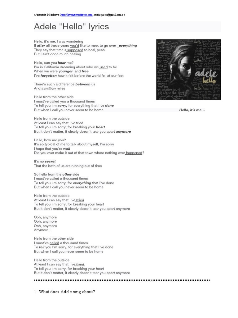 Adele's "Hello" Lyrics Analysis | PDF | South America
