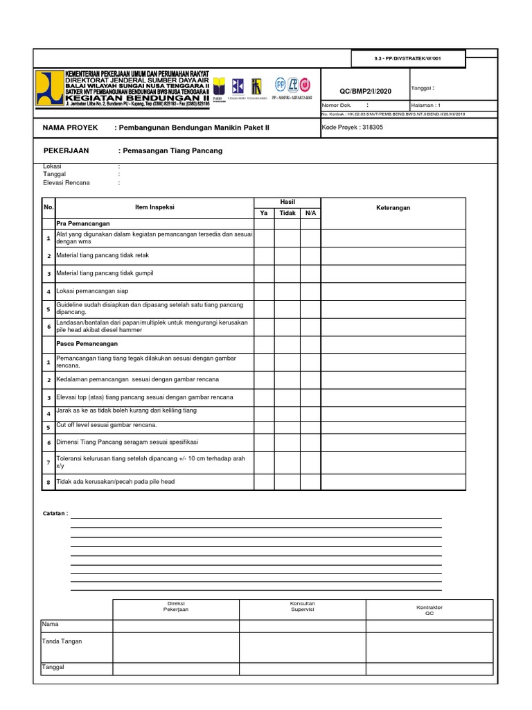 Ceklist Pekerjaan Tiang Pancang | PDF