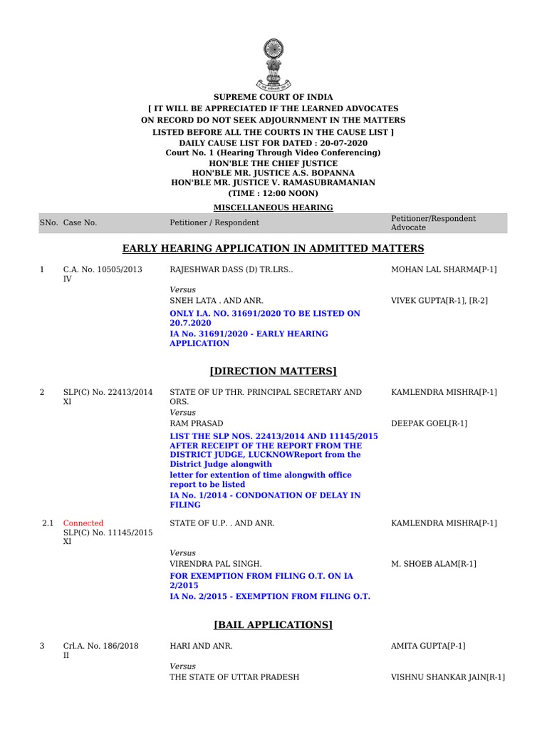 Early Hearing Application in Admitted Matters: Versus | PDF | Supreme Court Of India ...