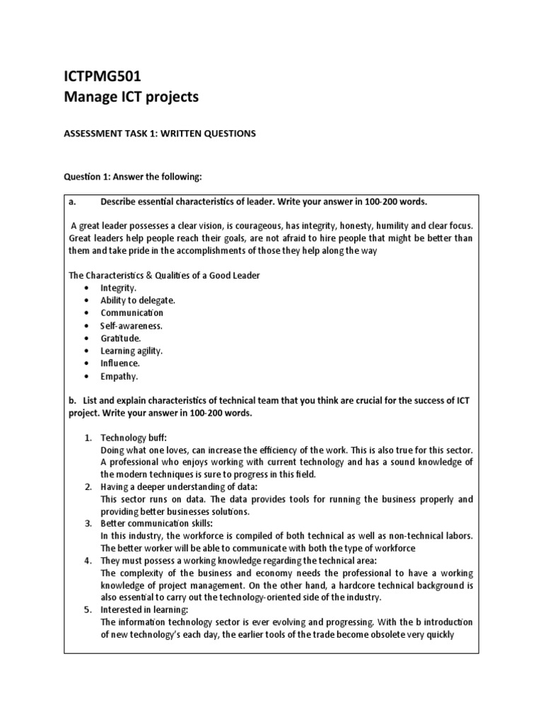 ICTPMG501 Manage ICT Projects: Assessment Task 1: Written Questions ...