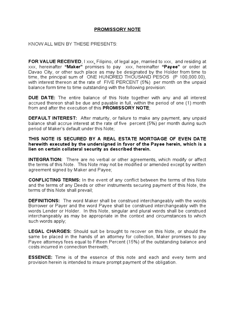 PROMISSORY NOTE (Sample) | PDF | Promissory Note | Payments