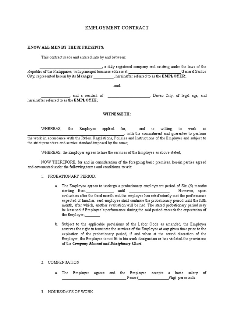 Draft Employment Contract | PDF | Employment | Labour Law