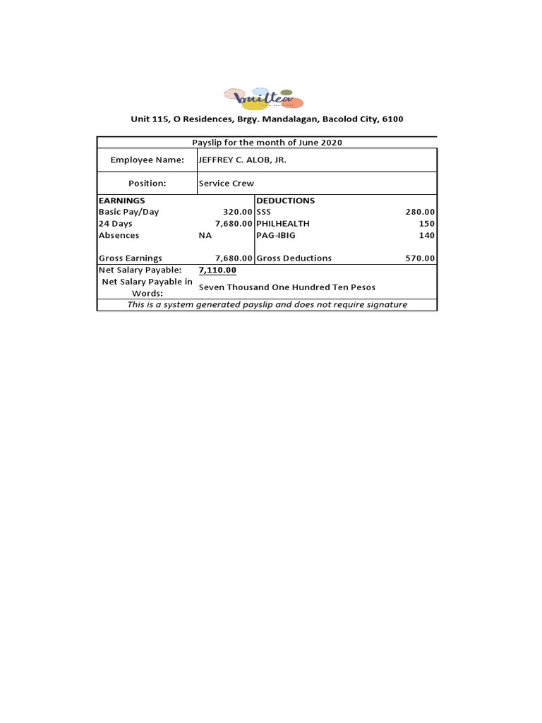 June 2020 Payslip for Service Crew | PDF