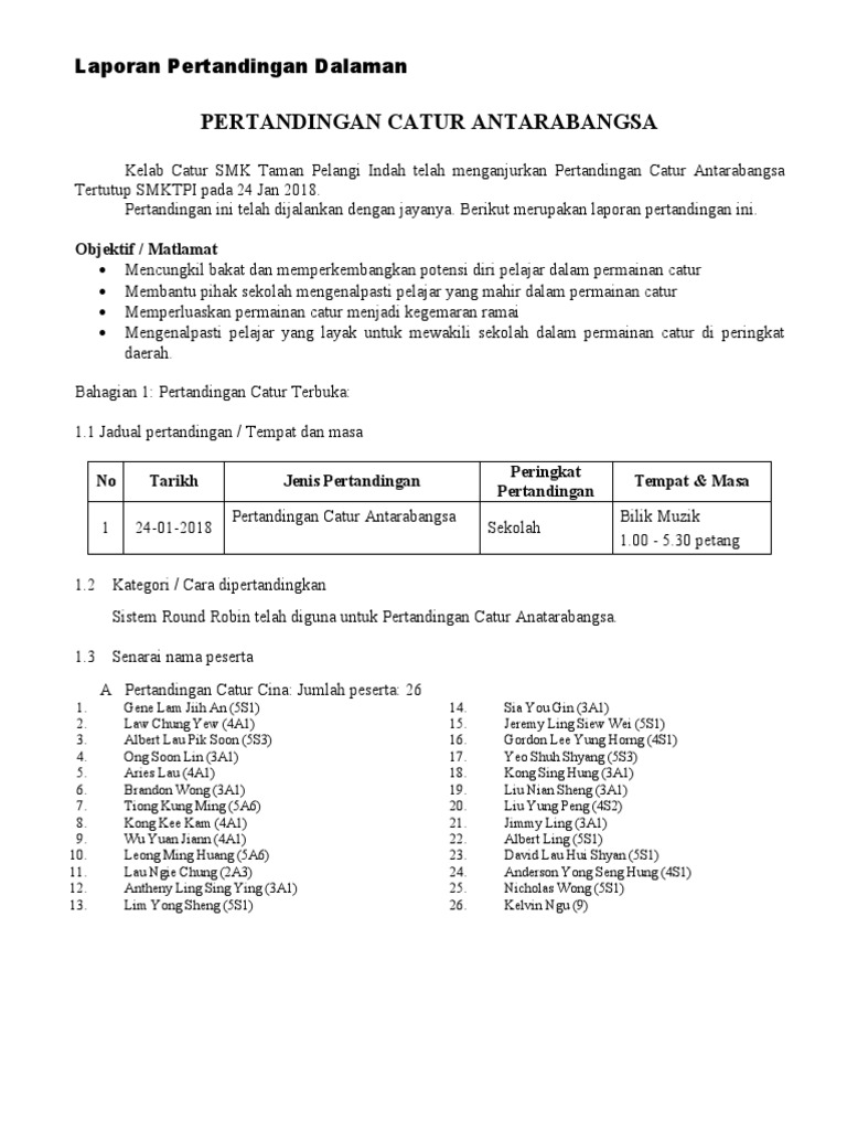 Laporan Pertandingan Catur Antarabangsa | PDF