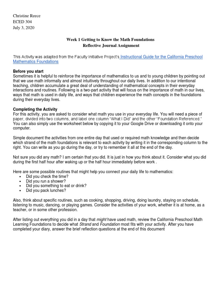 Week 1 Getting To Know The Math Foundations Diary and Reflection | PDF ...