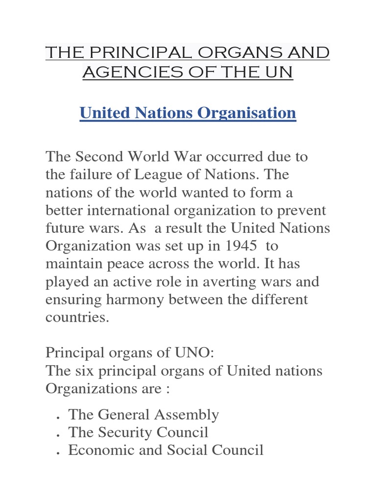 The Principal Organs and Agencies of The Un: United Nations Organisation | PDF | United Nations ...