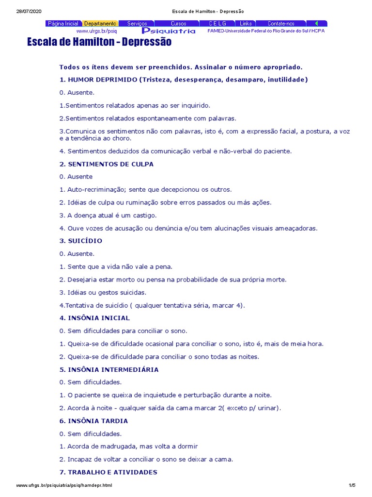 Escala de Hamilton - Depressão | PDF | Depressão | Psicologia Clínica