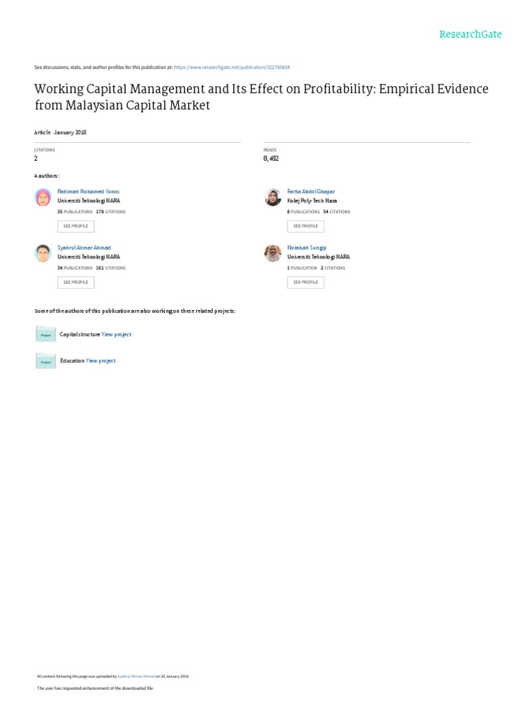 Working Capital Management and Its Effect On Profitability: Empirical Evidence From Malaysian ...